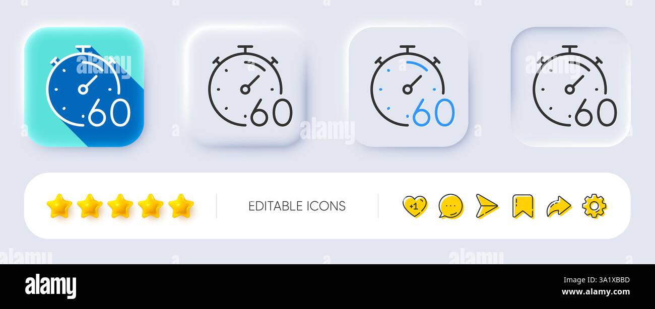 Timer 60 minutes line icon. Stopwatch time sign. Neumorphic buttons ...