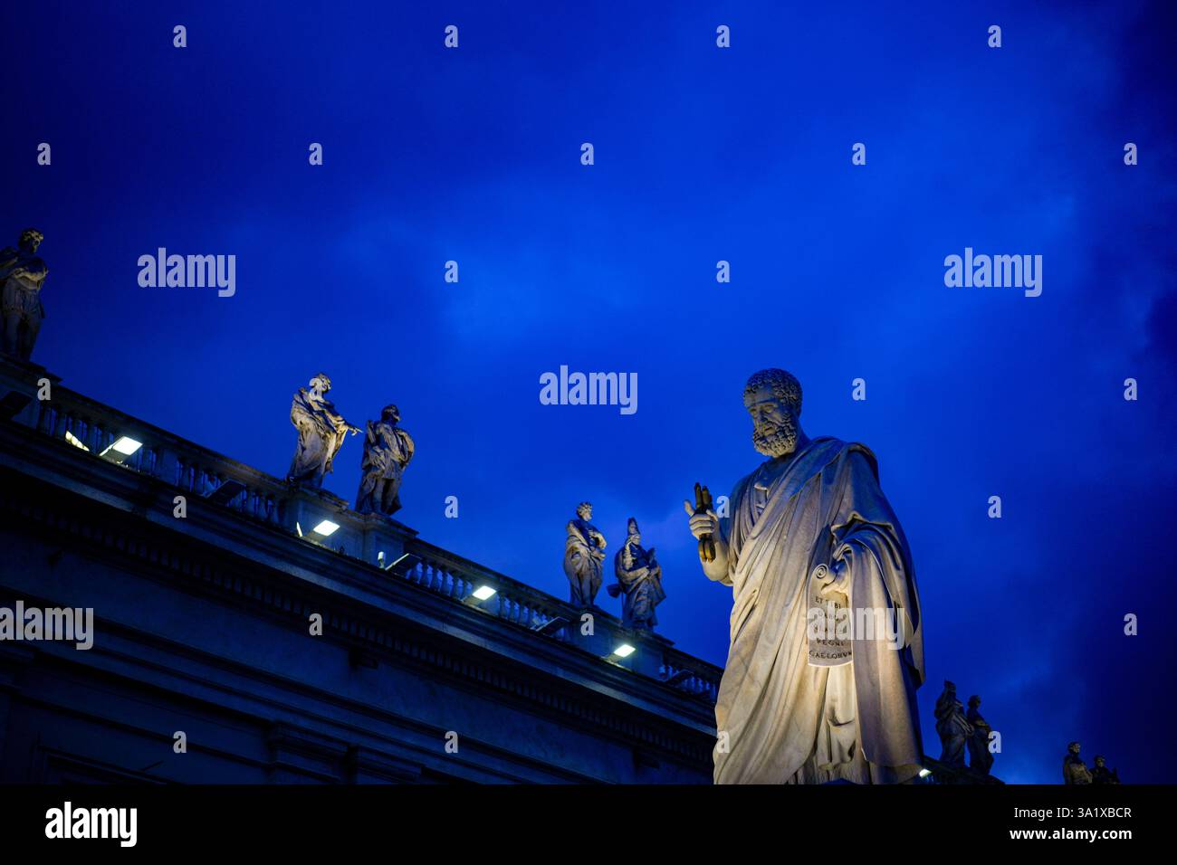 A statue of St. Peter is seen during a Rosary prayer for Pope Francis ...