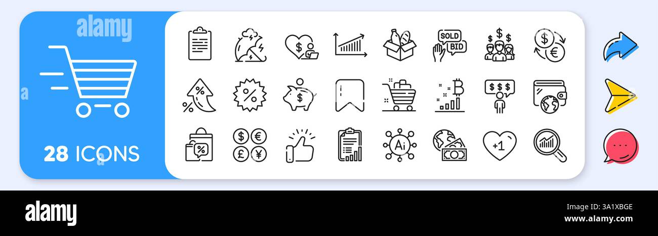 Employee benefits, Bitcoin graph and Delivery shopping line icons. For web app, printing. App ...