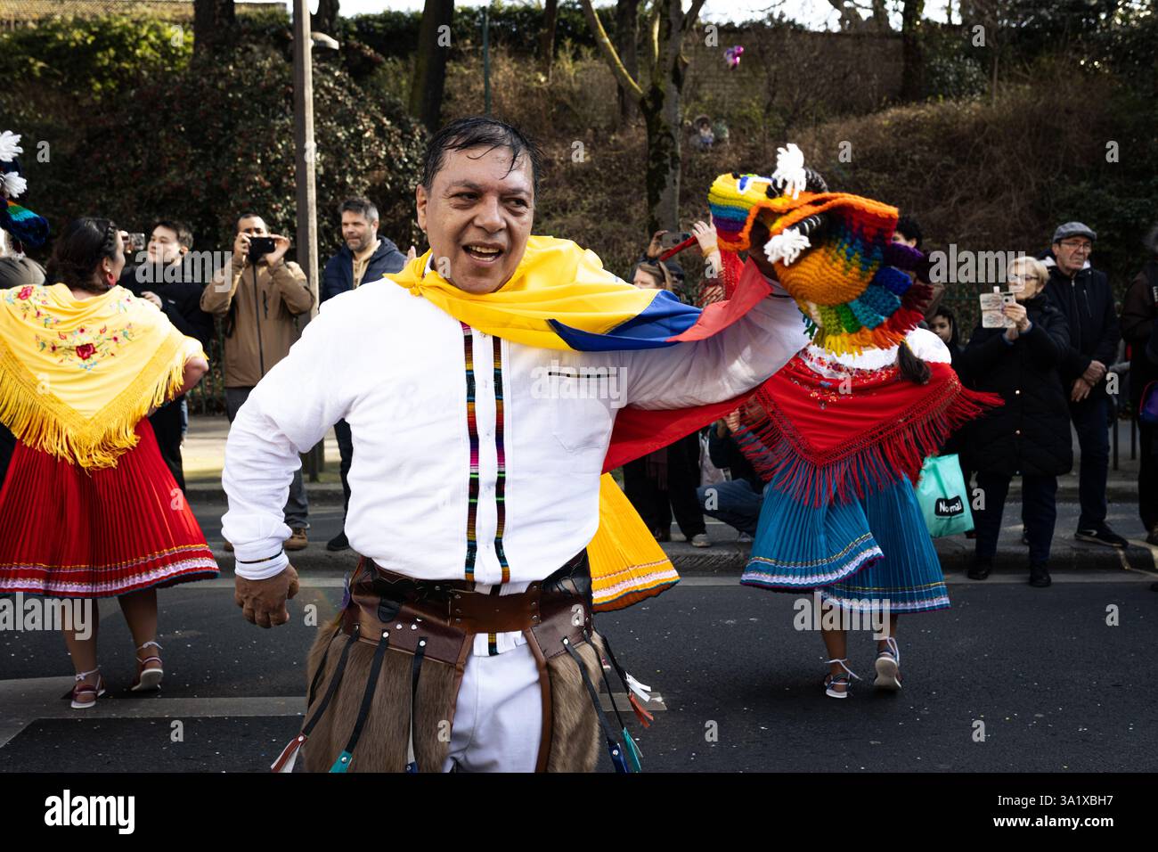 Paris, France. 02nd Mar, 2025. Equatorian man performs during the Paris ...