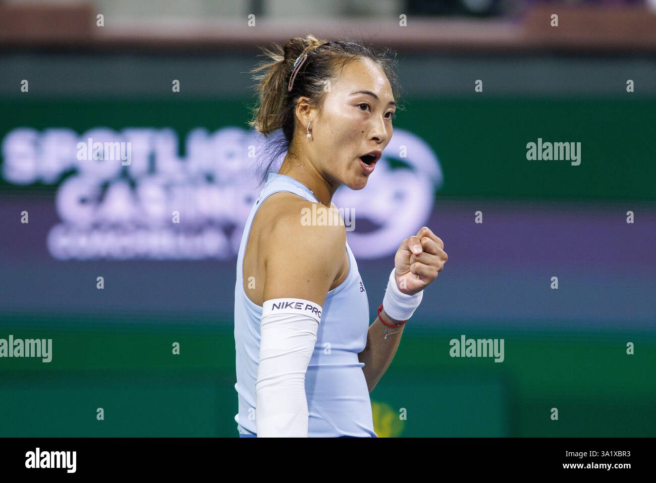 Indian Wells, California, USA. 9th Mar, 2025. Qinwen Zheng (CHN) reacts during her match against ...