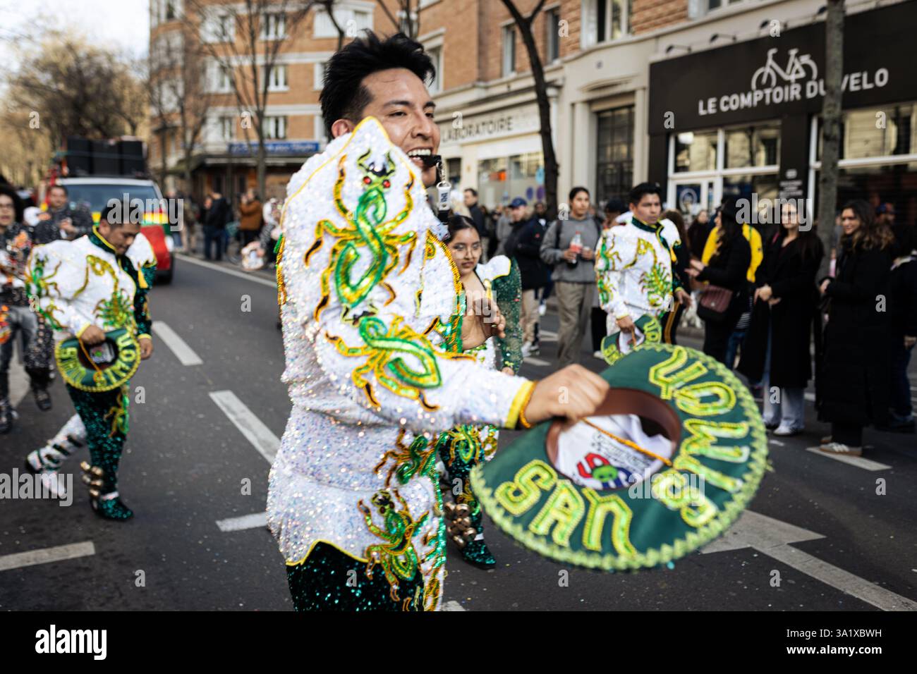 Paris, France. 02nd Mar, 2025. A dancer from Bolivian group San Simon ...