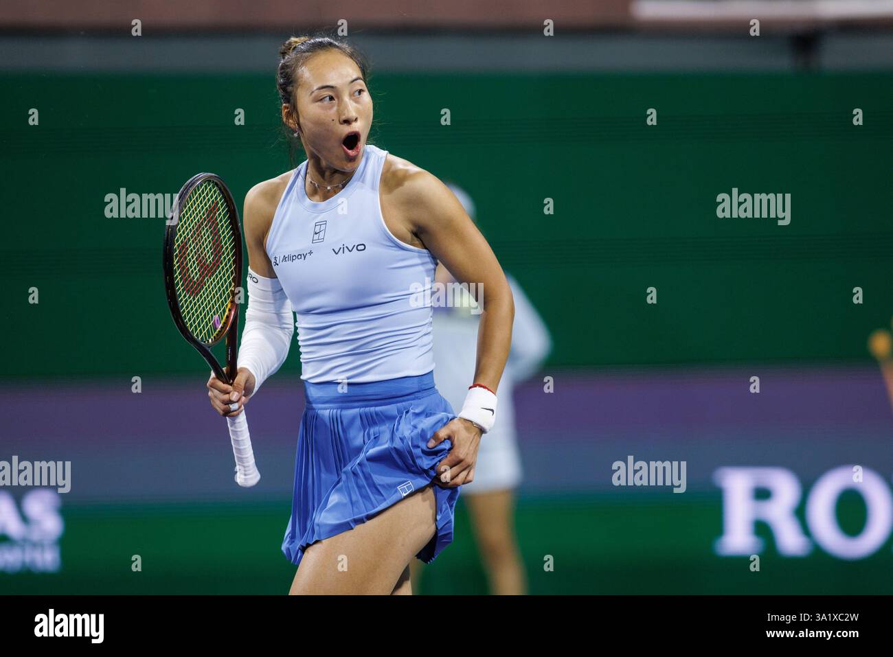 Indian Wells, California, USA. 9th Mar, 2025. Qinwen Zheng (CHN) reacts during her match against ...