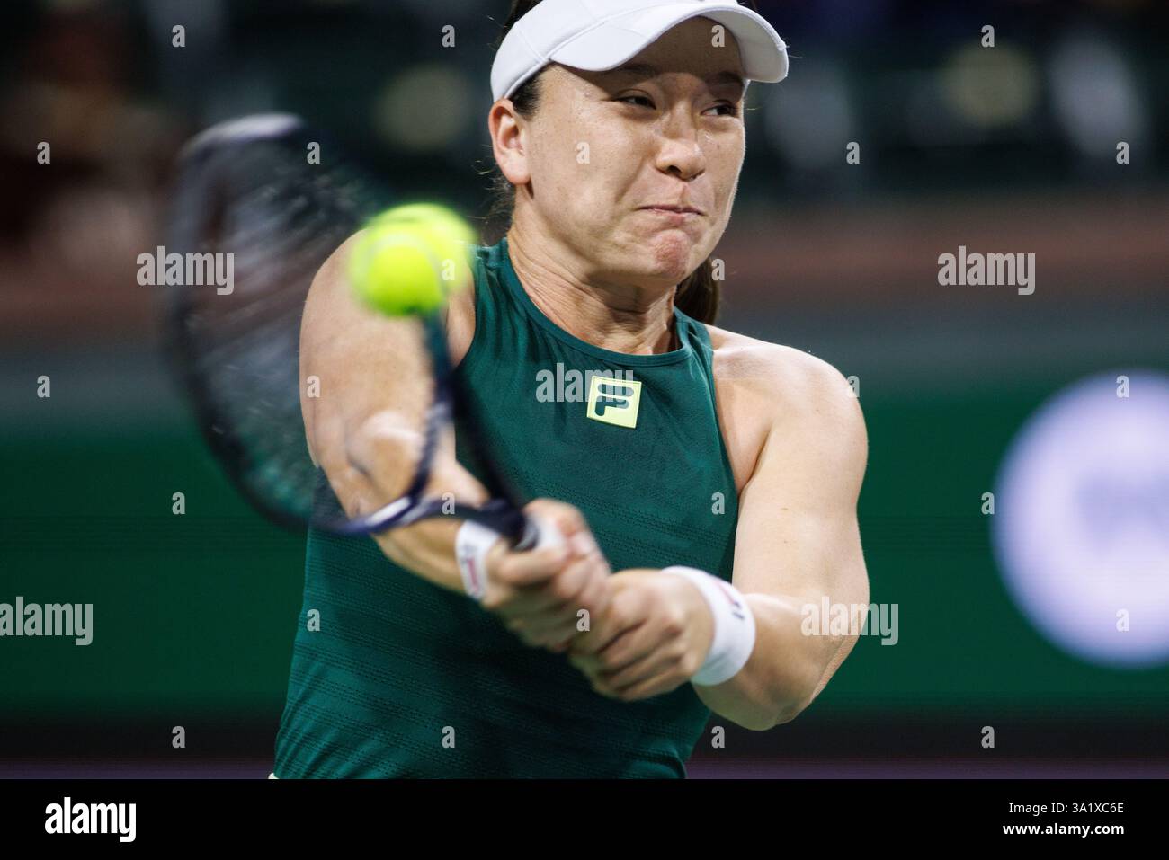 March 9, 2025: Lulu Sun (NZL) hits a shot during her match against Qinwen Zheng (CHN) in round 3 ...