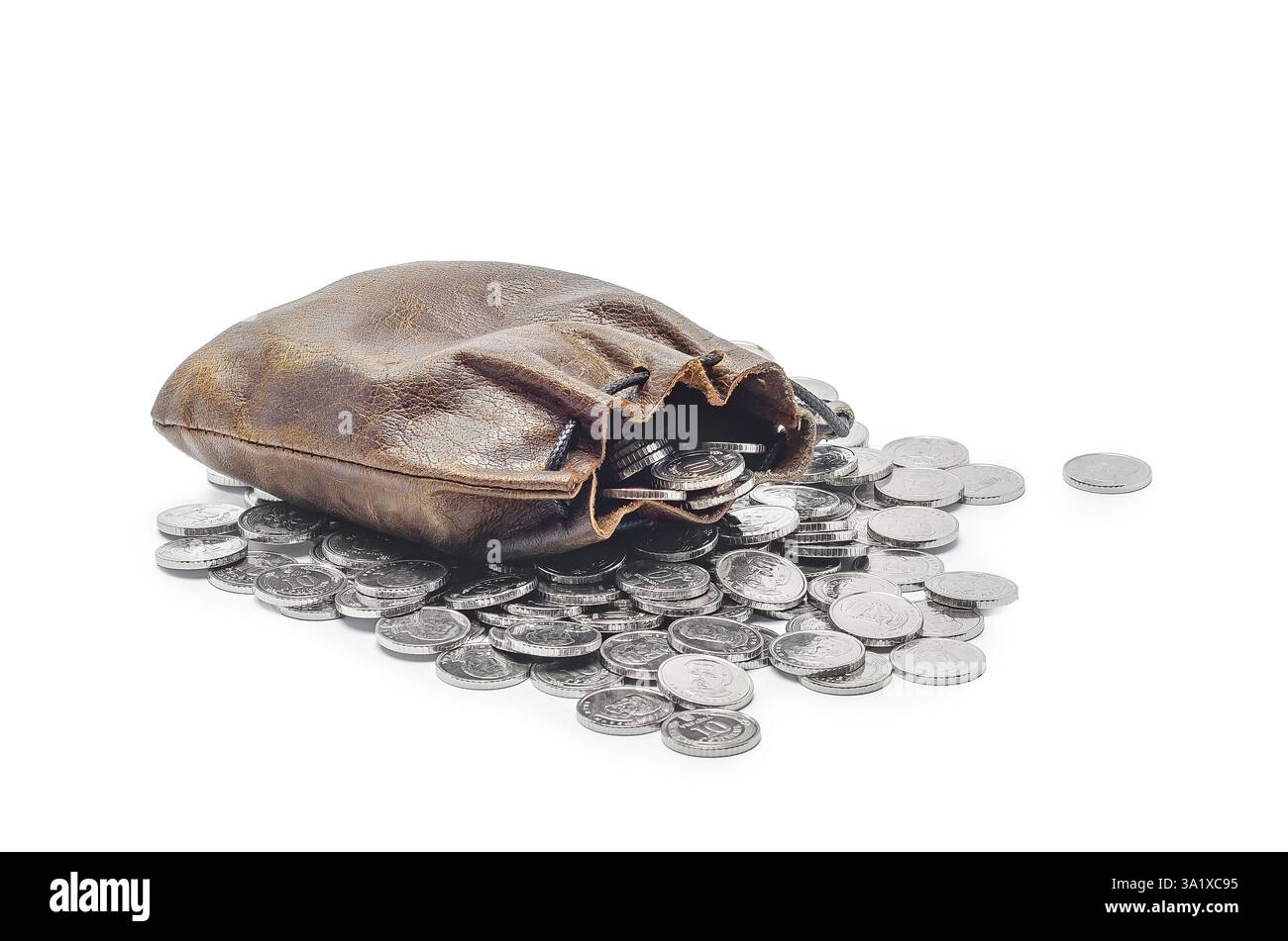 Leather Pouch with Shiny Silver Coins on White Background Stock Photo ...