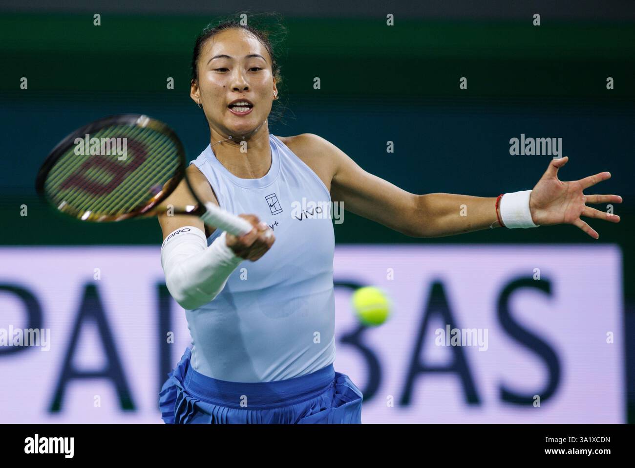 Indian Wells, California, USA. 9th Mar, 2025. Qinwen Zheng (CHN) hits a shot against Lulu Sun ...