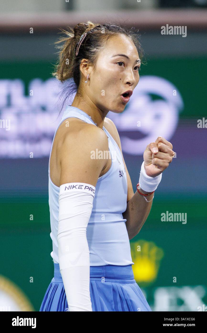 Indian Wells, California, USA. 9th Mar, 2025. Qinwen Zheng (CHN) reacts during her match against ...