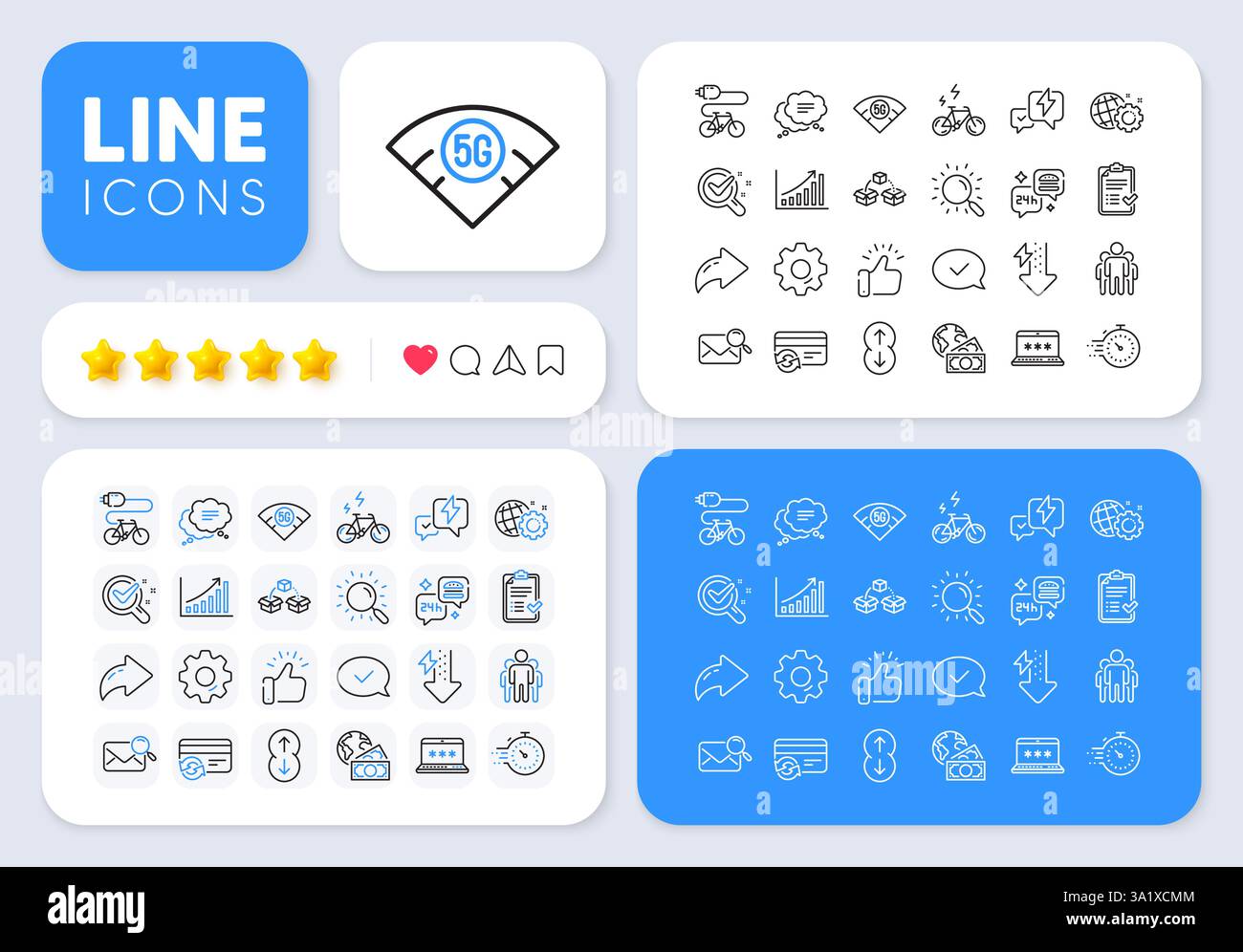 Timer, Graph chart and Laptop password line icons for web app. Message, Share, Like social media ...