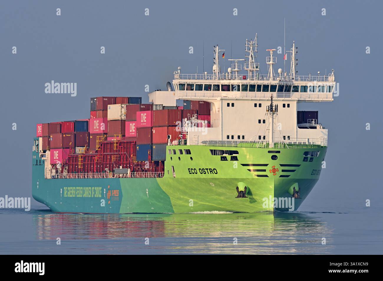 Methanol powered Containership ECO OSTRO at the Kiel Fjord Stock Photo ...
