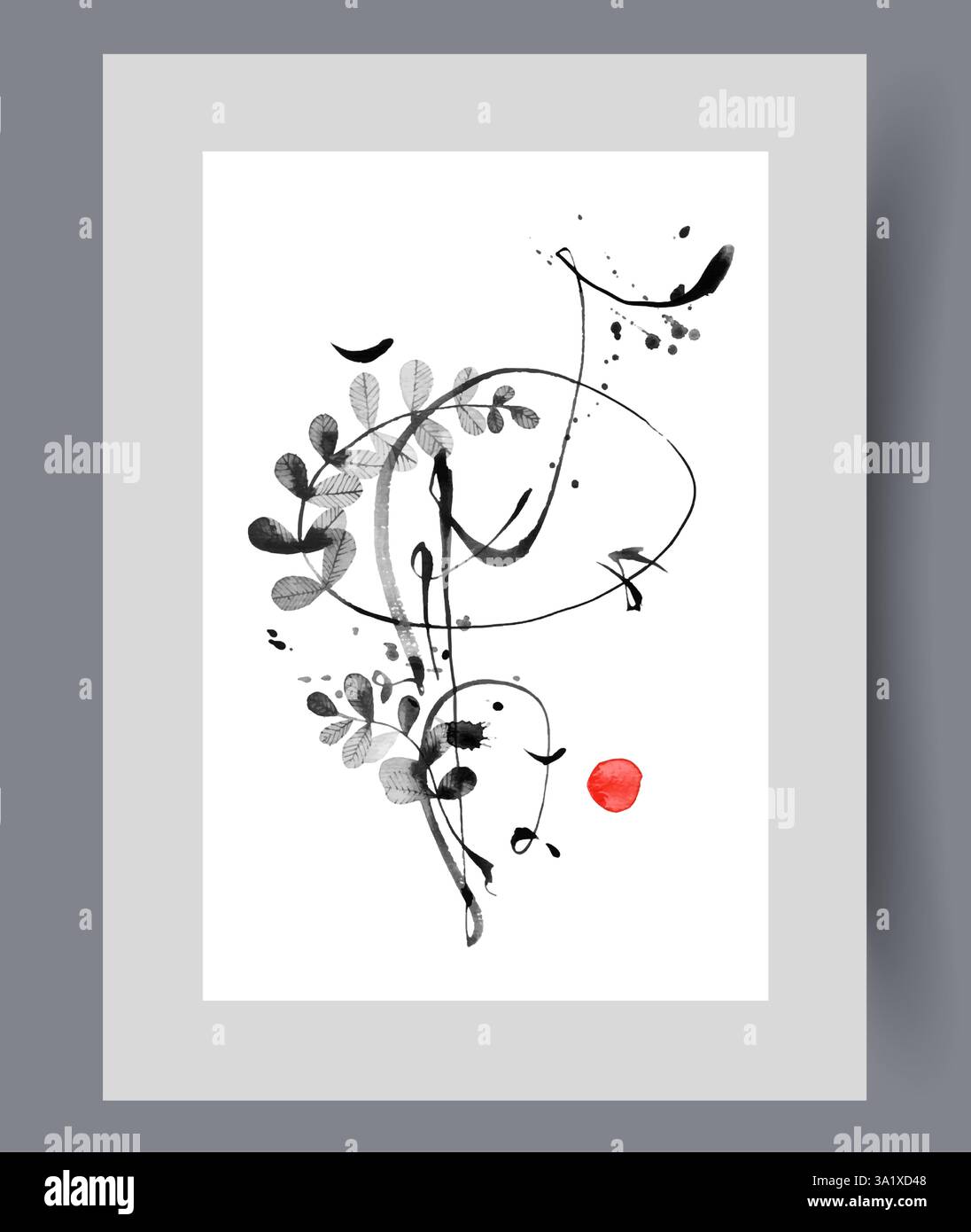 Japanese plant composition with tree branch and abstract lines on wall ...