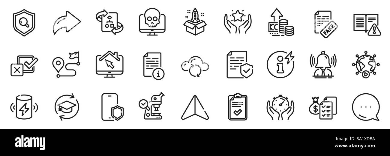 Checklist, Power info and Charge battery line icons pack. Share, Message, Paper plane icons ...