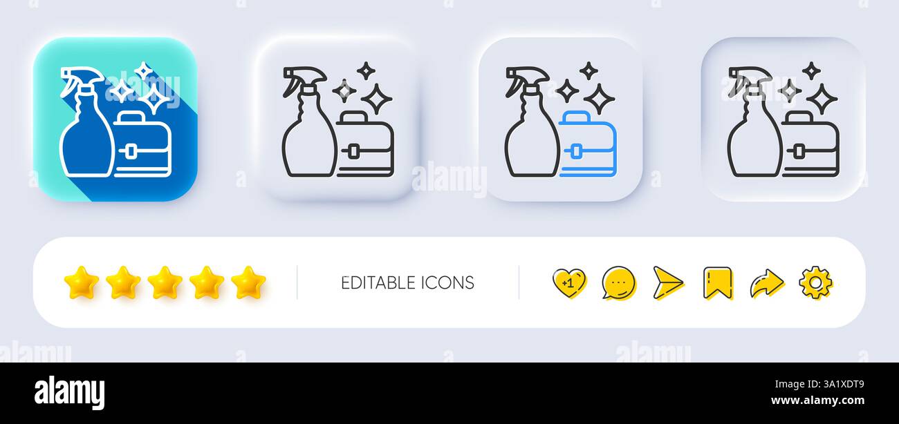 Cleaning spray line icon. Neumorphic, Flat shadow, 3d buttons. Washing liquid or Cleanser symbol ...
