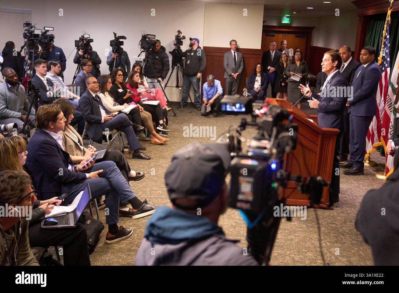 Los Angeles County District Attorney Nathan Hochman, at podium, speaks ...