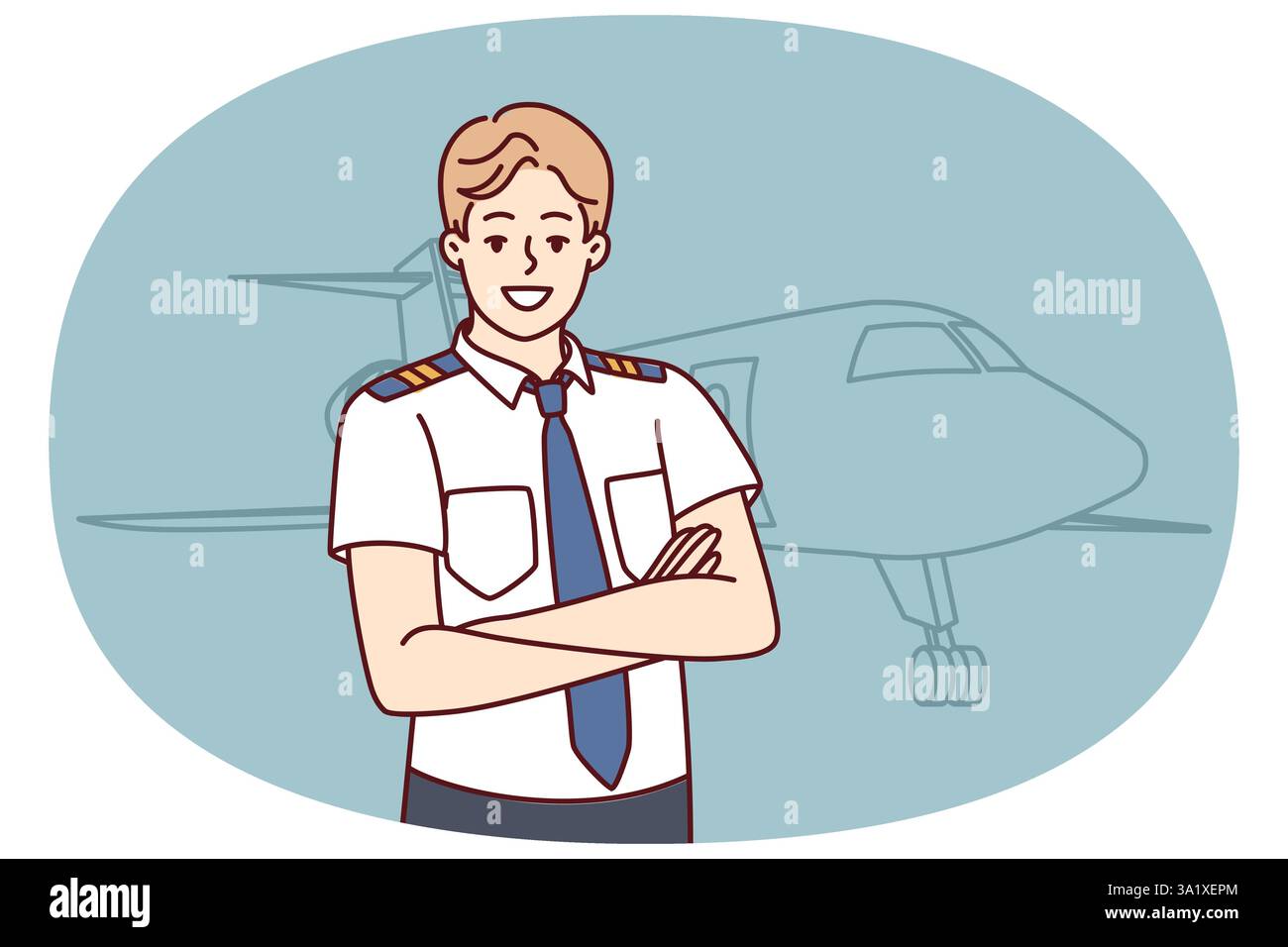 Man pilot of airplane stands with arms crossed near airliner inviting ...