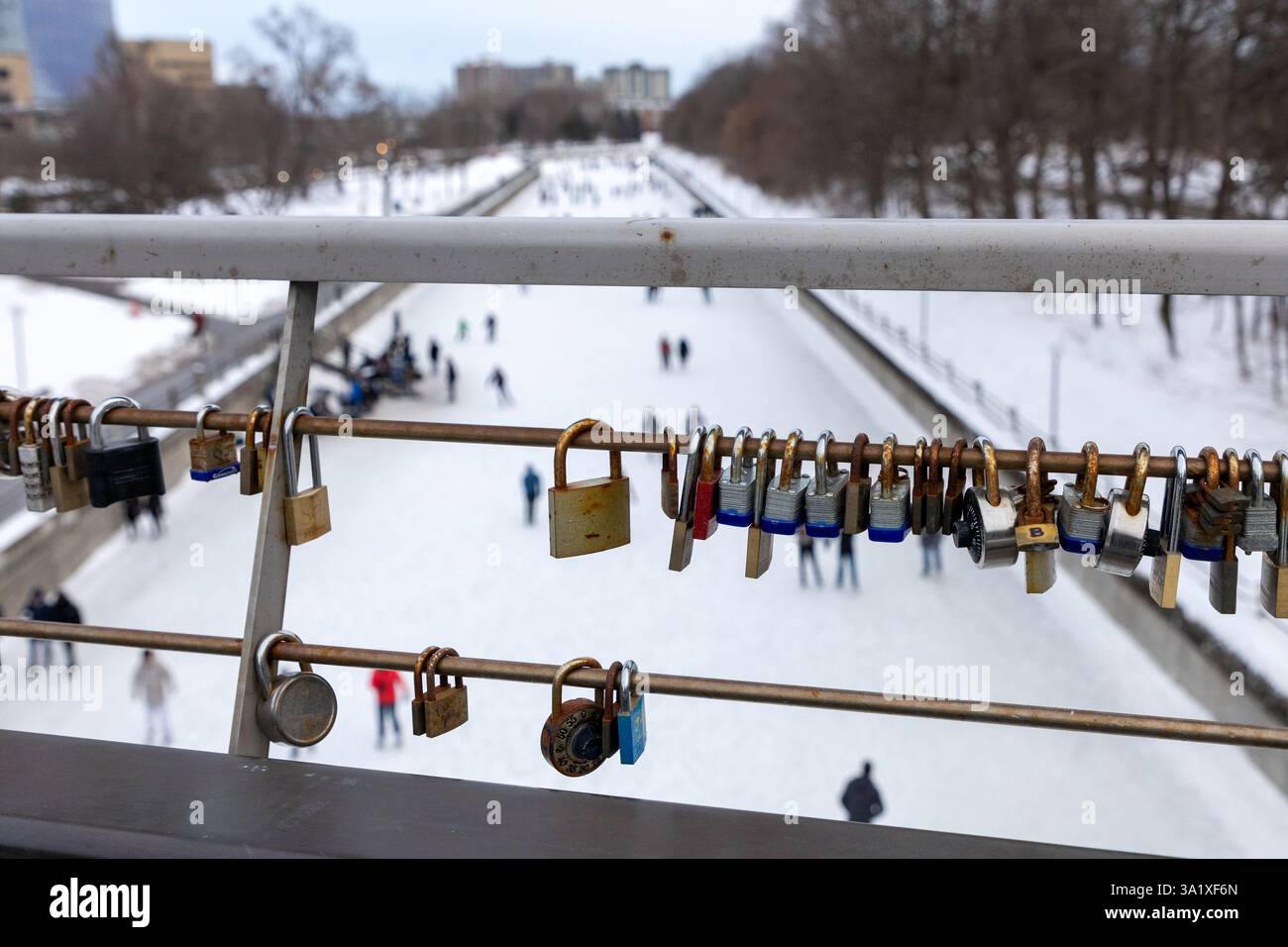 Ottawa, Canada - February 8, 2025: Locks on the bridge. People skating ...