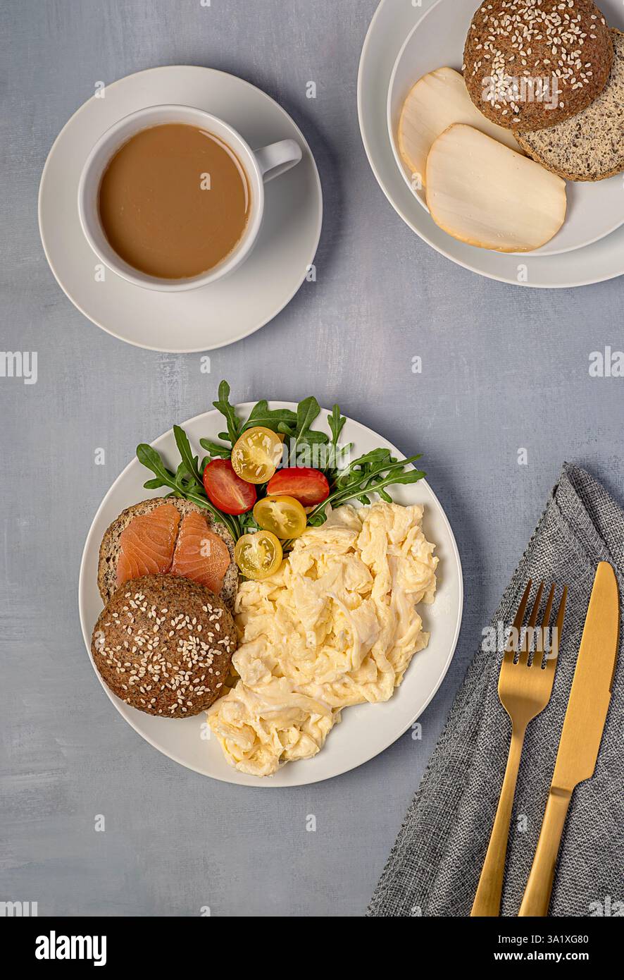 Food photography of keto breakfast with scrambled eggs and sandwich ...