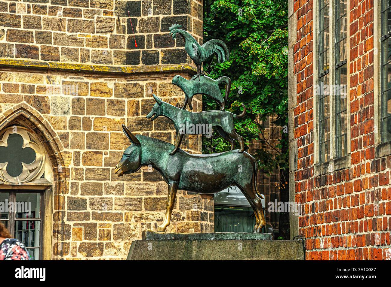 Bronze statue of the Bremen Town Musicians, donkey, dog, cat and ...