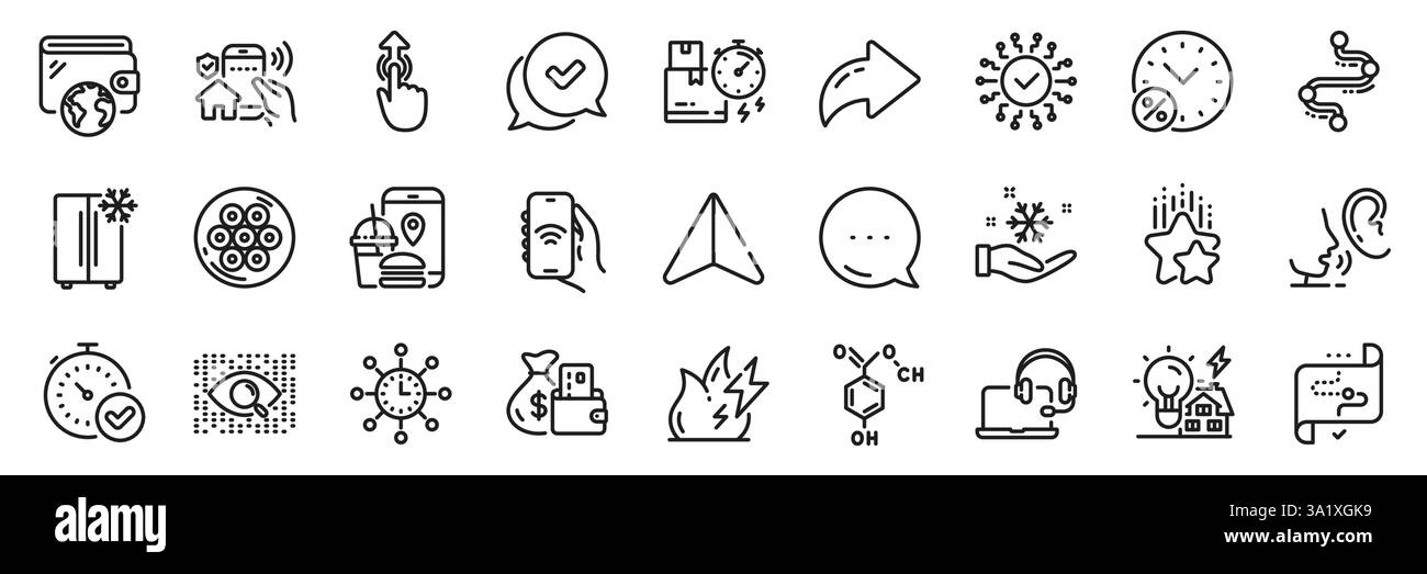 Timeline, Whisper and Building energy line icons pack. Share, Message ...