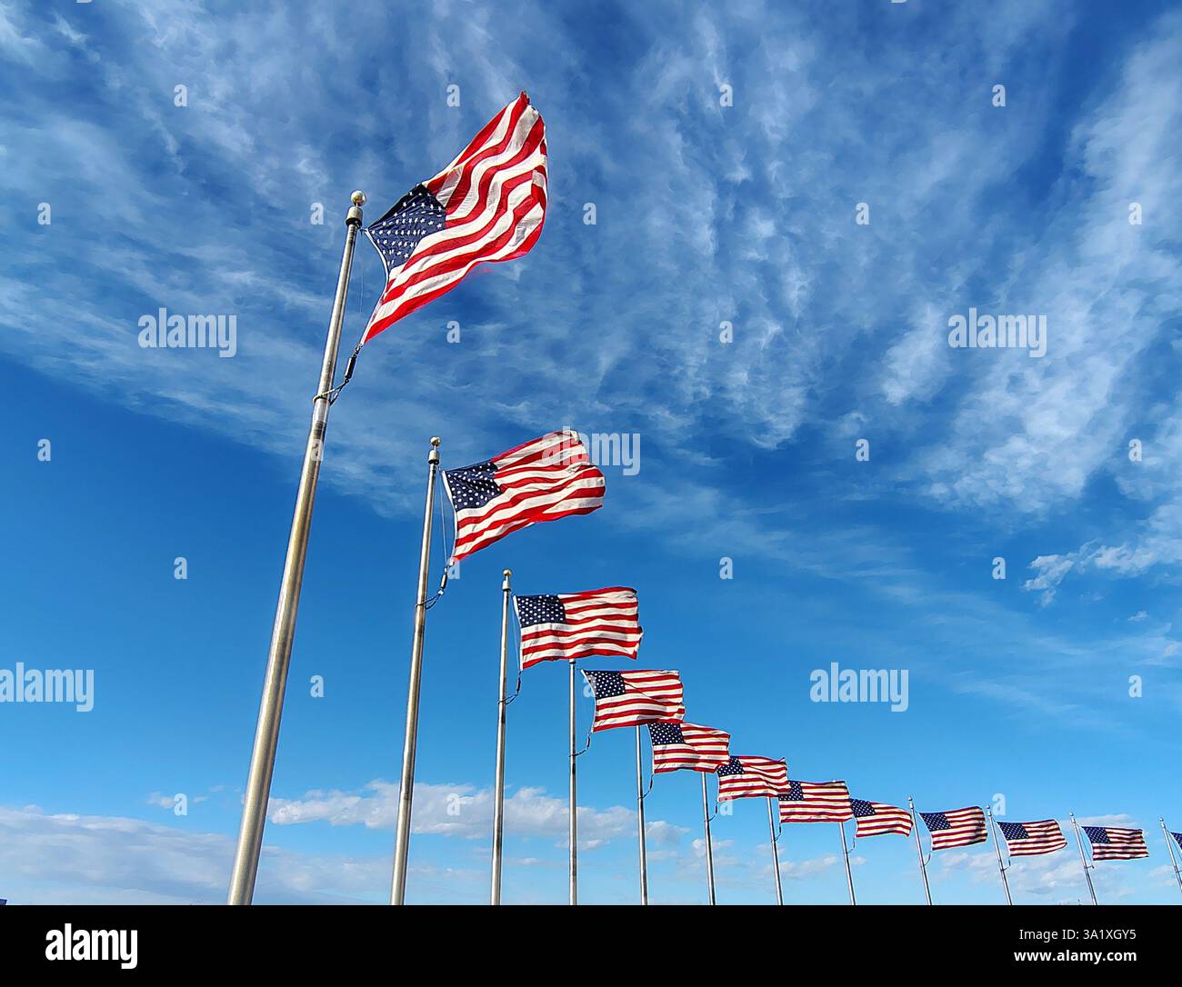 American flags on long flagpoles fluttering in the wind against a ...