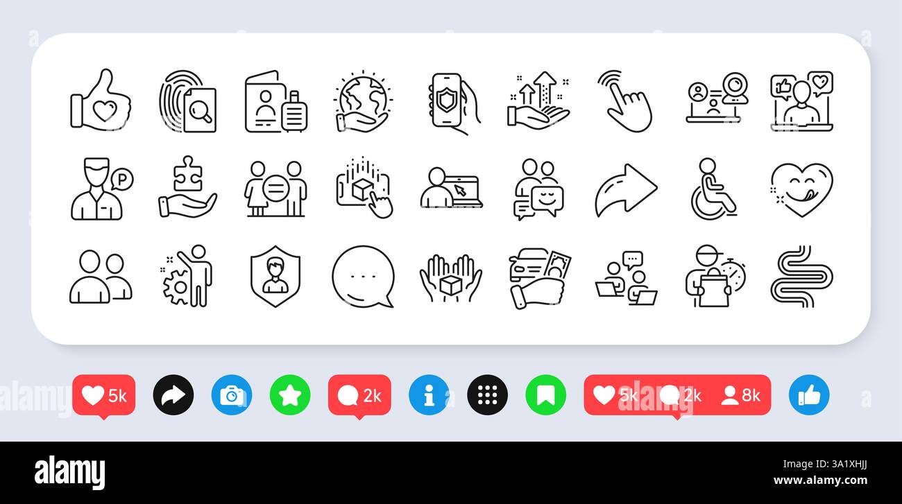 Delivery man, Analysis graph and Teamwork line icons pack. For web app. Social media icons ...