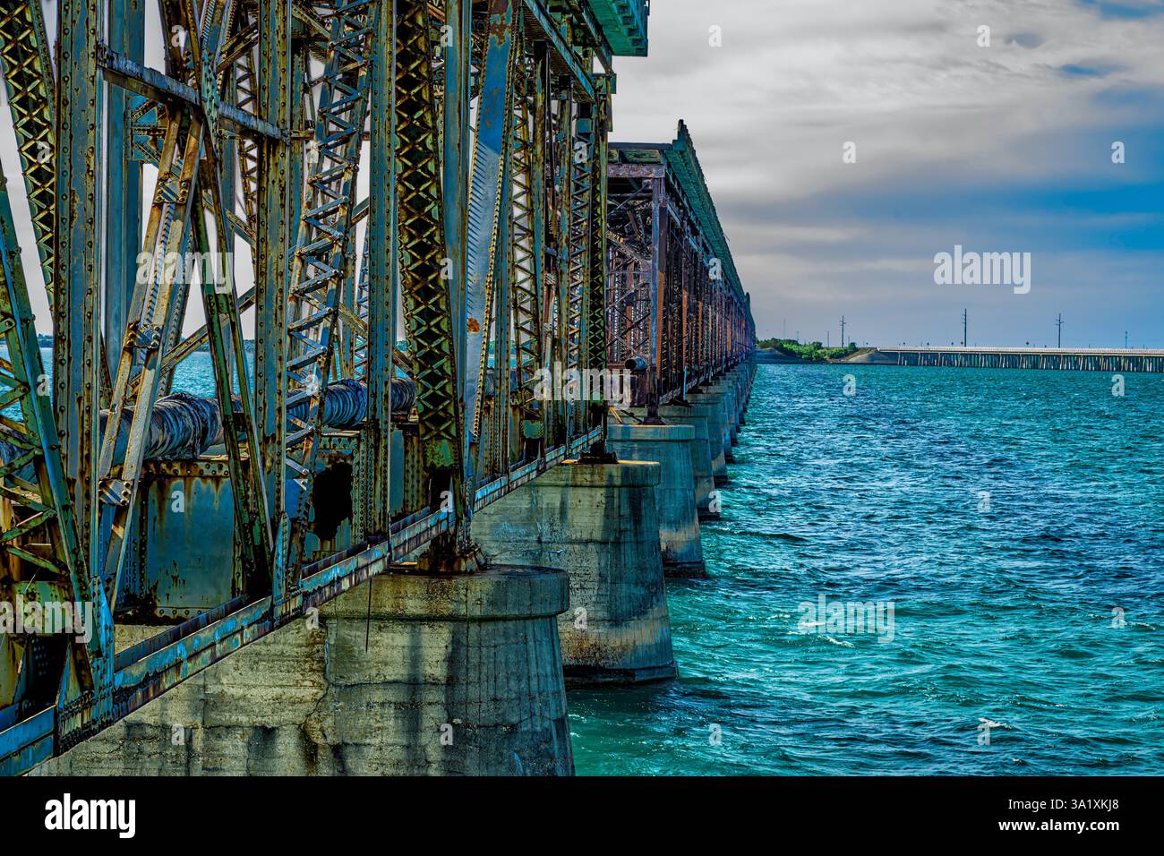 Rusted Pratt truss section of the Bahia Honda Rail Bridge in the lower ...