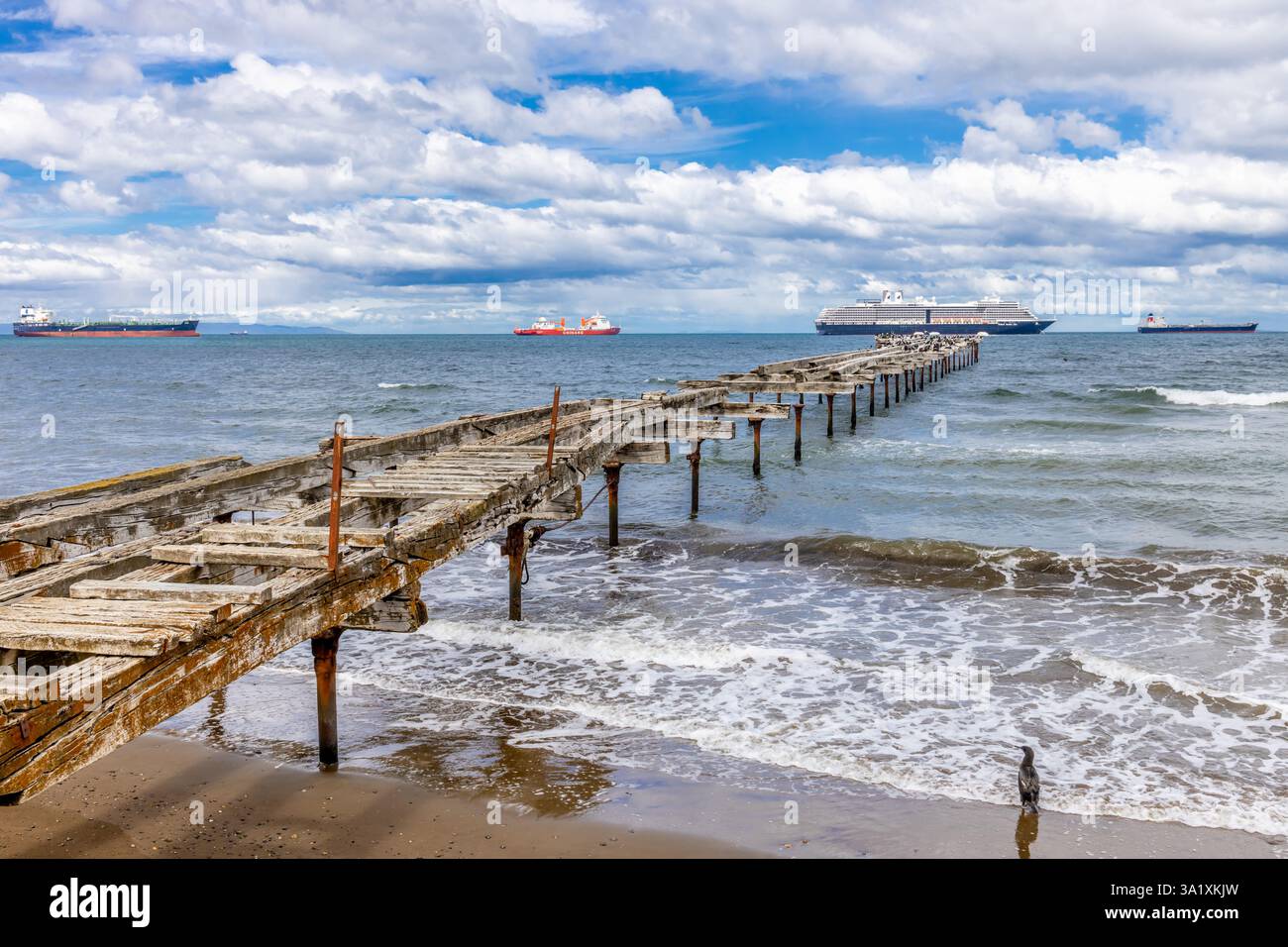 Ships on a shore of Straight of Magellan in Chile, Magallanes and ...