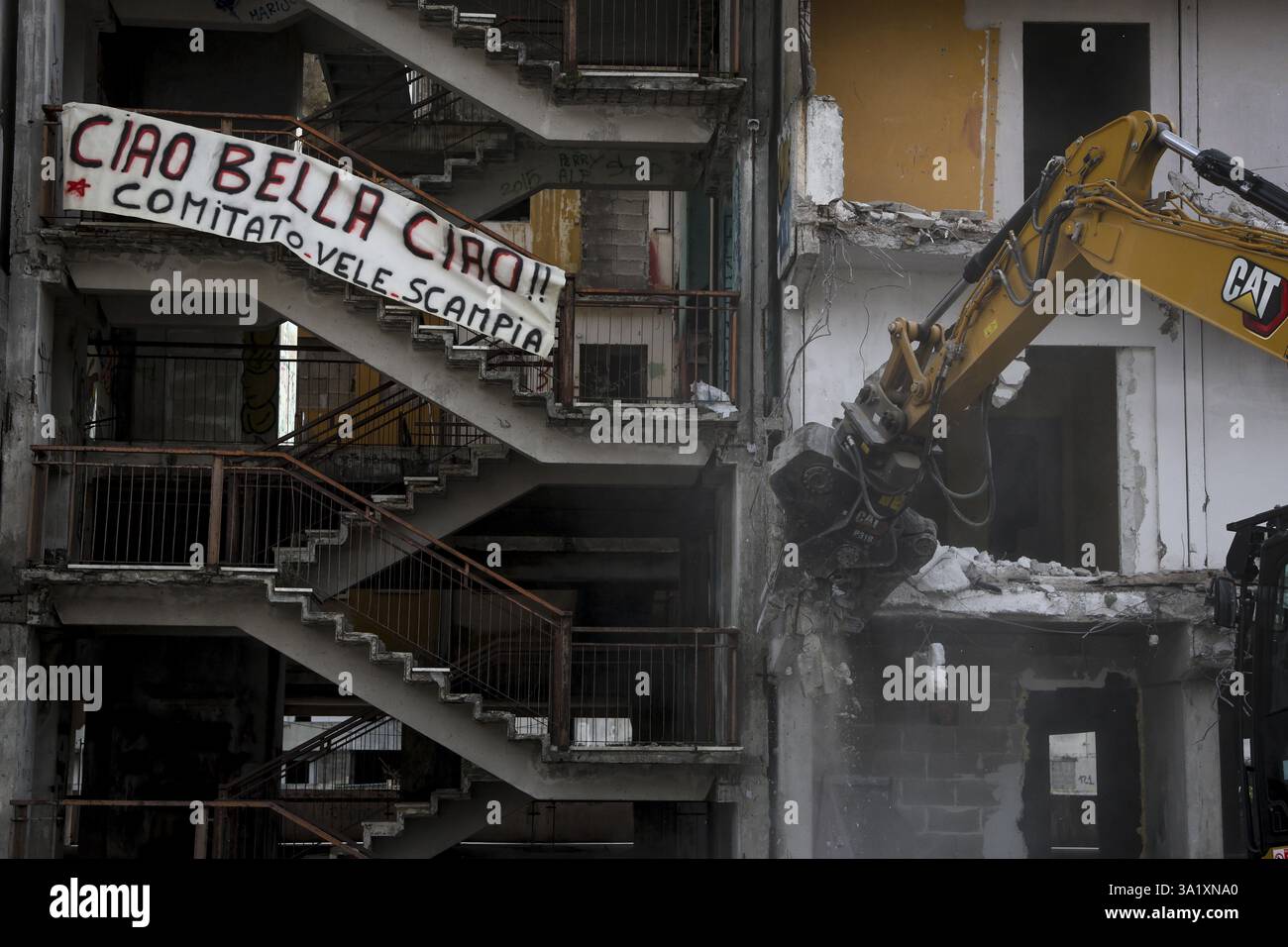 Naples, Italy. 10th Mar, 2025. A moment of the demolition of the ...