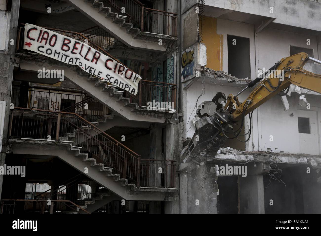 Naples, Italy. 10th Mar, 2025. A moment of the demolition of the ...