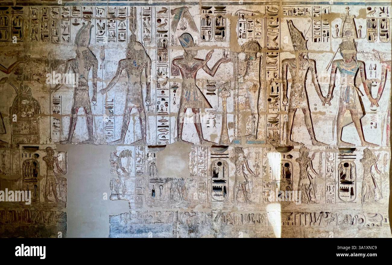 Bas relief of Ramses III offering Ma'at to Ptah and being led to the ...