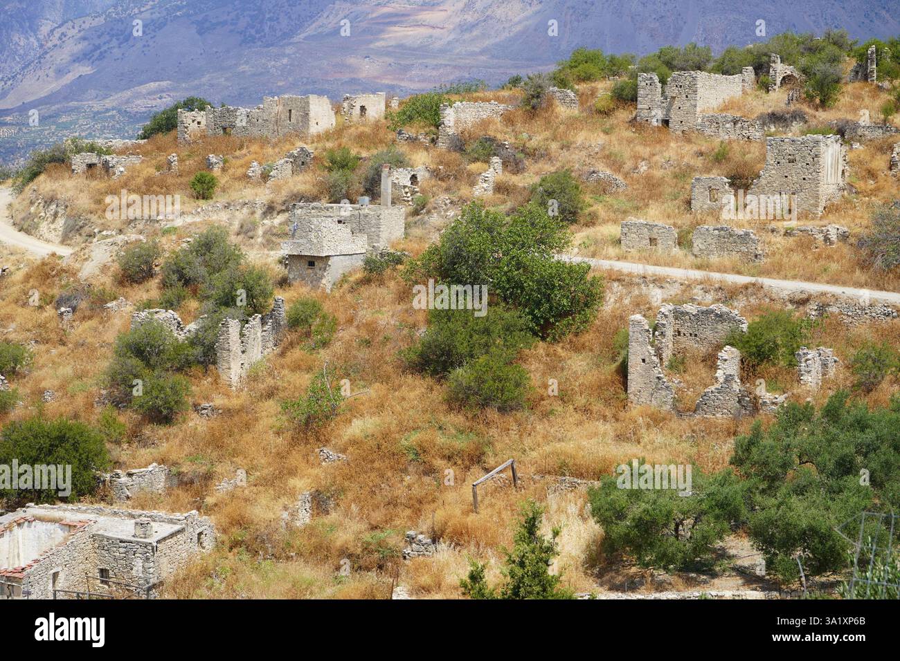 High view of the village of Raftis, abandoned since the 1960s, built by ...