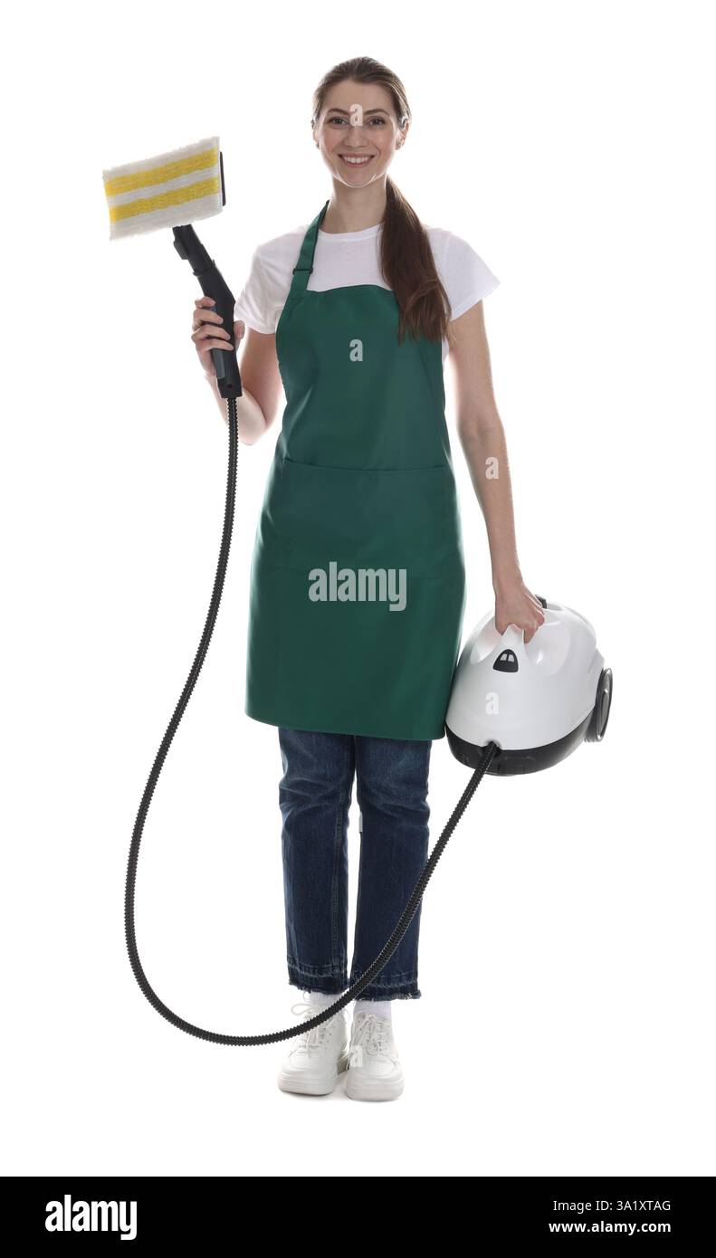 Smiling cleaning service worker with steam cleaner on white background ...