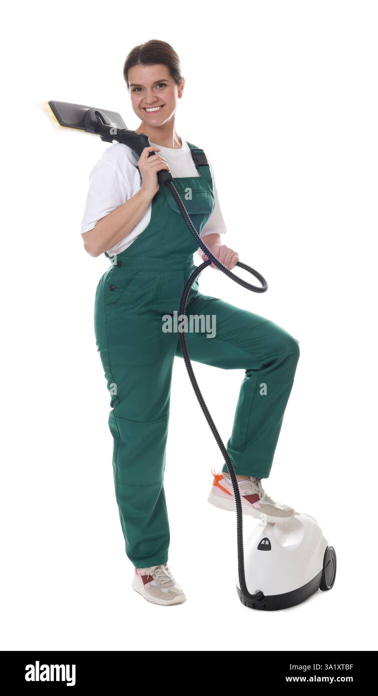 Smiling cleaning service worker with steam cleaner on white background ...