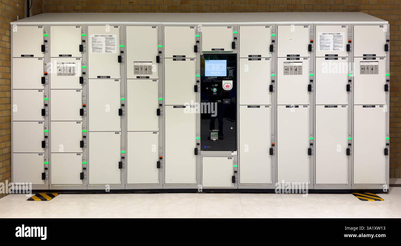 Japan Tokyo, April 11, 2024. Coin operated lockers in a public area ...