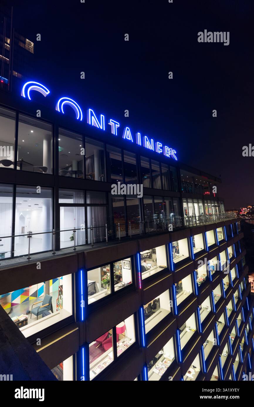 The Sea Containers building, illuminated by blue neon, in London, UK ...
