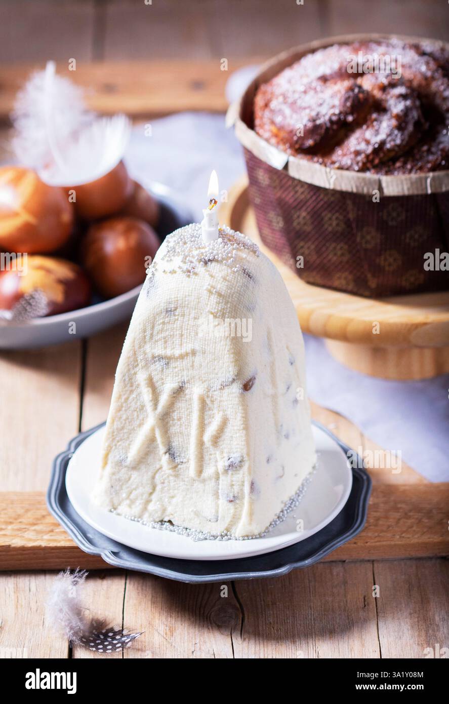 Curd paskha, Easter kulich and painted eggs, traditional Easter symbols consecrated in the ...