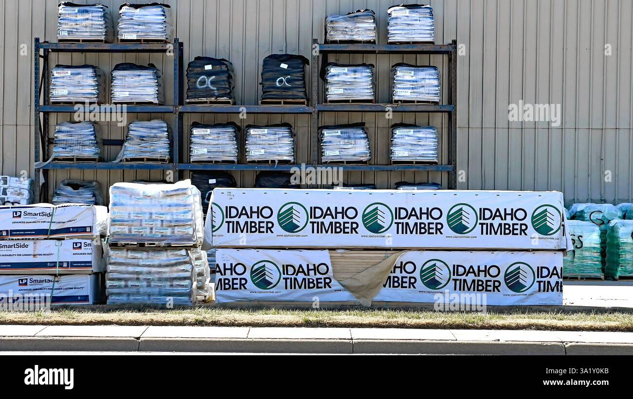 EMPORIA KANSAS, USA - MARCH 10, 2025 Stacks of fresh lumber from Idaho ...