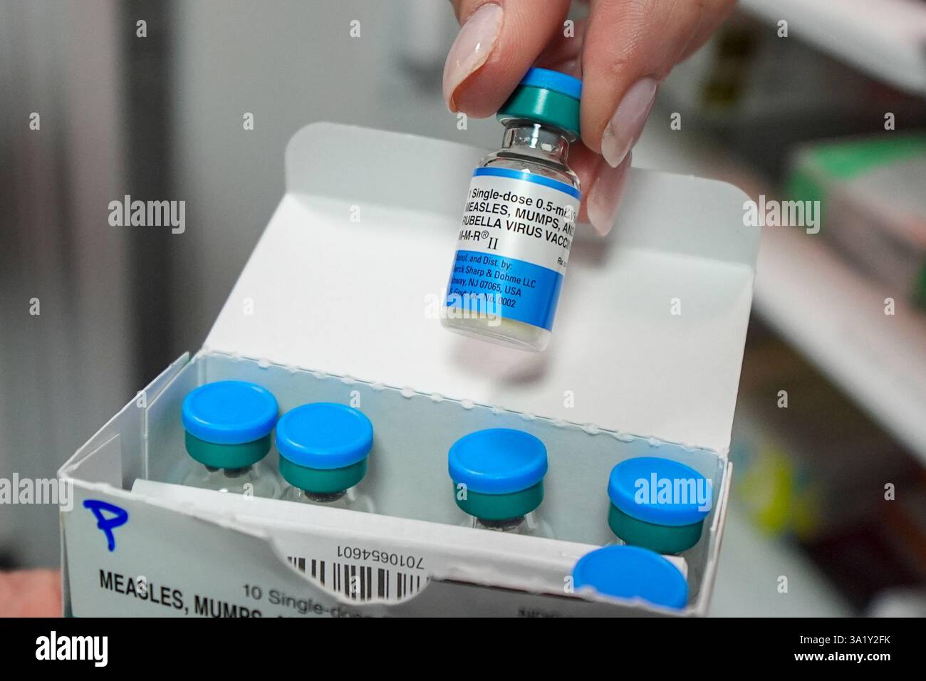 Vials of the MMR measles mums and rubella virus vaccine are displayed Tuesday, Feb. 25, 2025, in ...