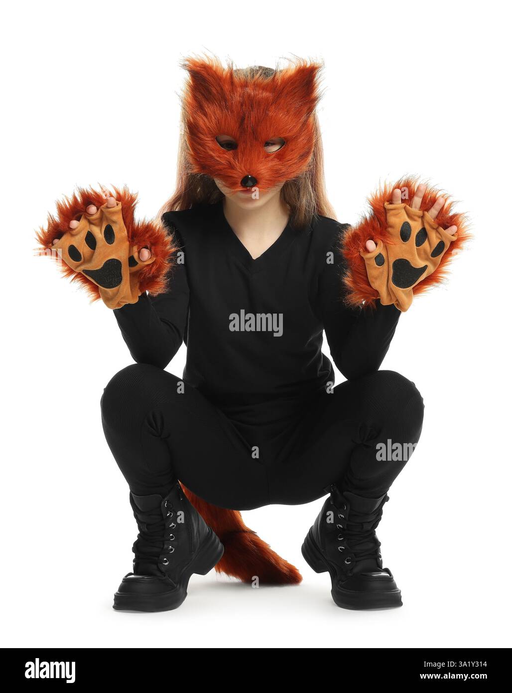 Quadrobics. Girl wearing fox mask, tail and gloves on white background ...