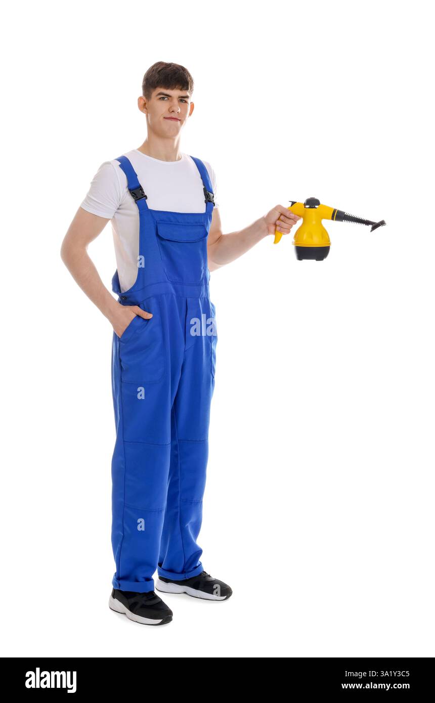 Cleaning service worker with steam cleaner on white background Stock ...