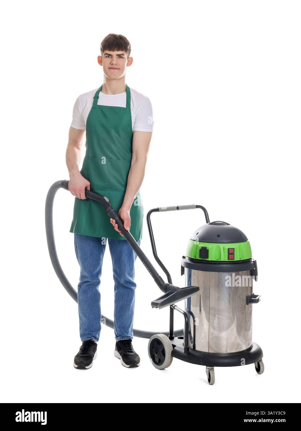 Cleaning service worker with vacuum cleaner on white background Stock ...