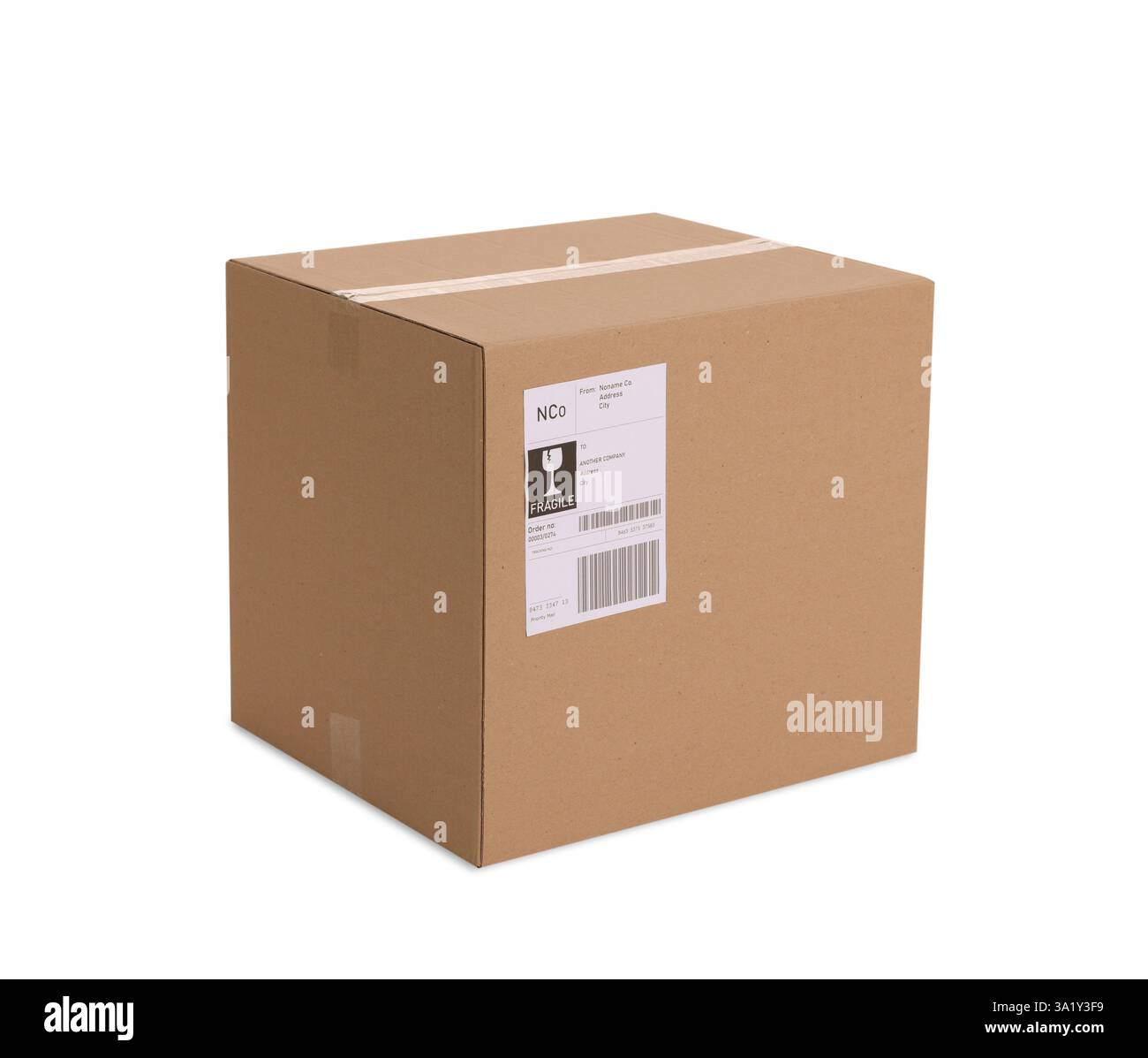 One parcel with shipment label isolated on white Stock Photo - Alamy