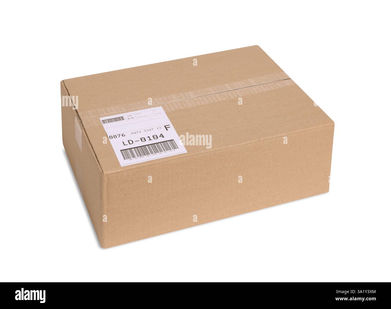One parcel with shipment label isolated on white Stock Photo - Alamy