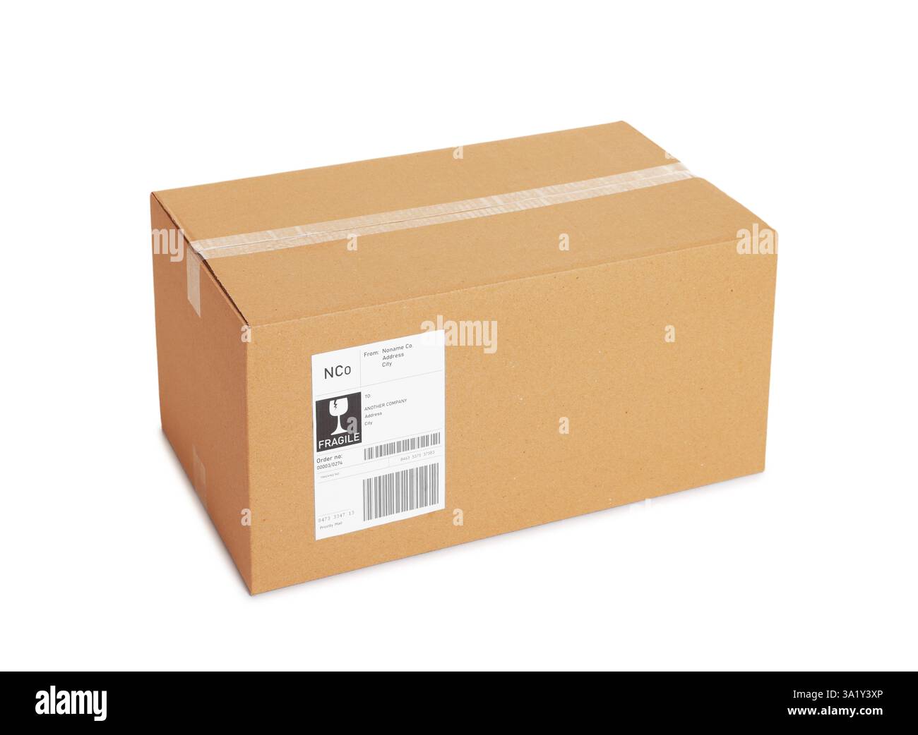 One parcel with shipment label isolated on white Stock Photo - Alamy