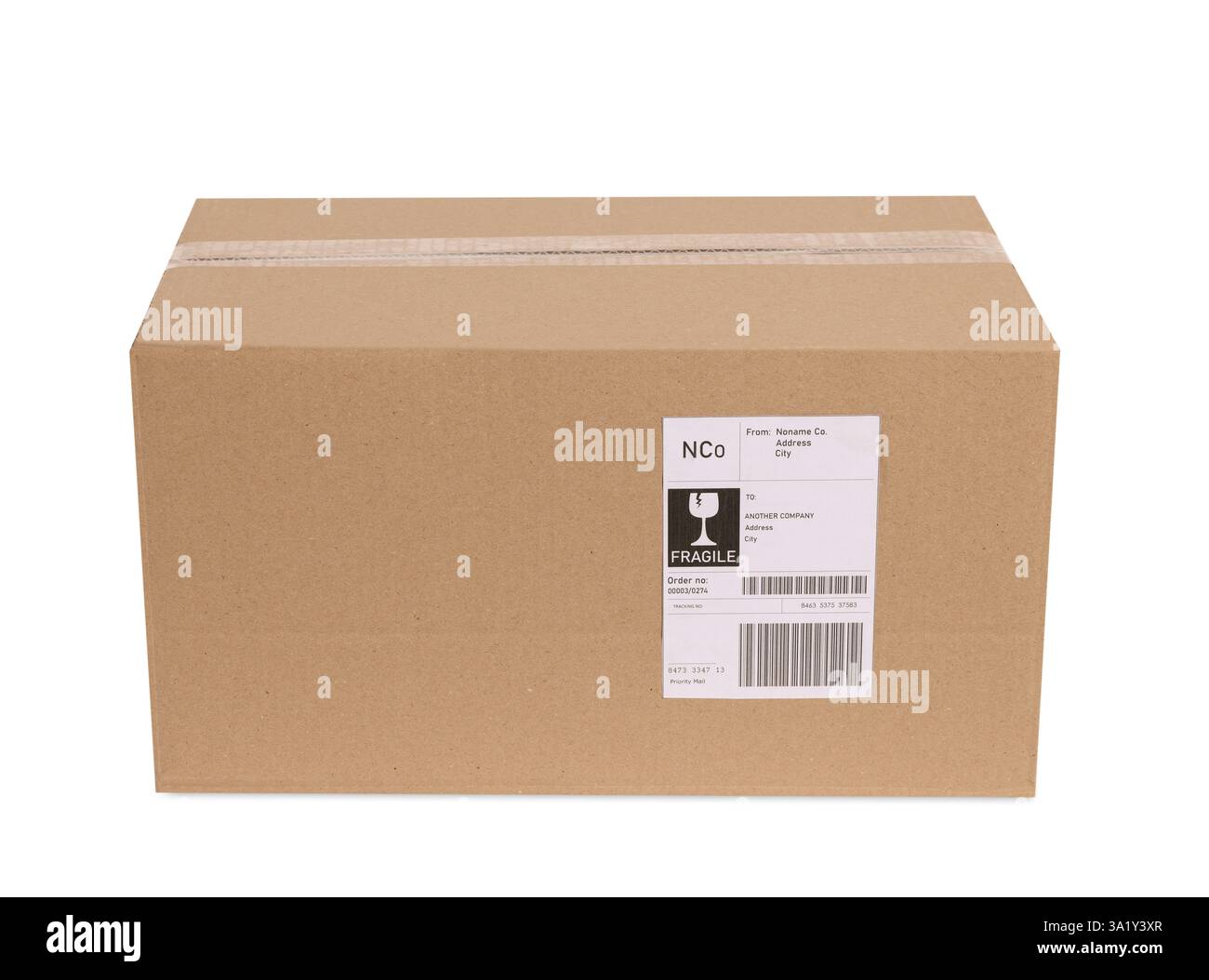 One parcel with shipment label isolated on white Stock Photo - Alamy