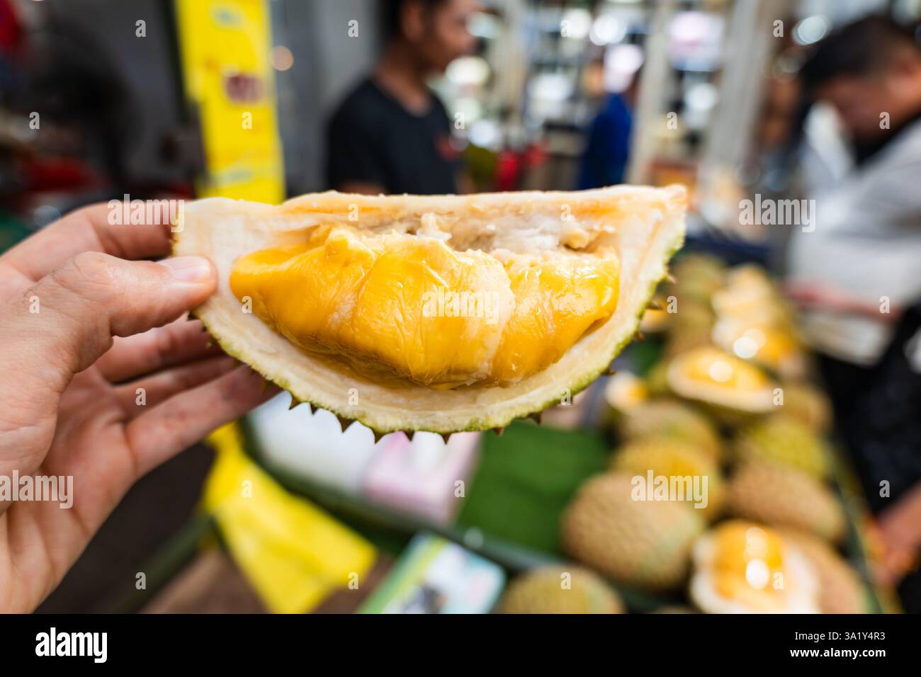 Durian fruit meat close-up in Asia. The durian is the edible fruit of ...