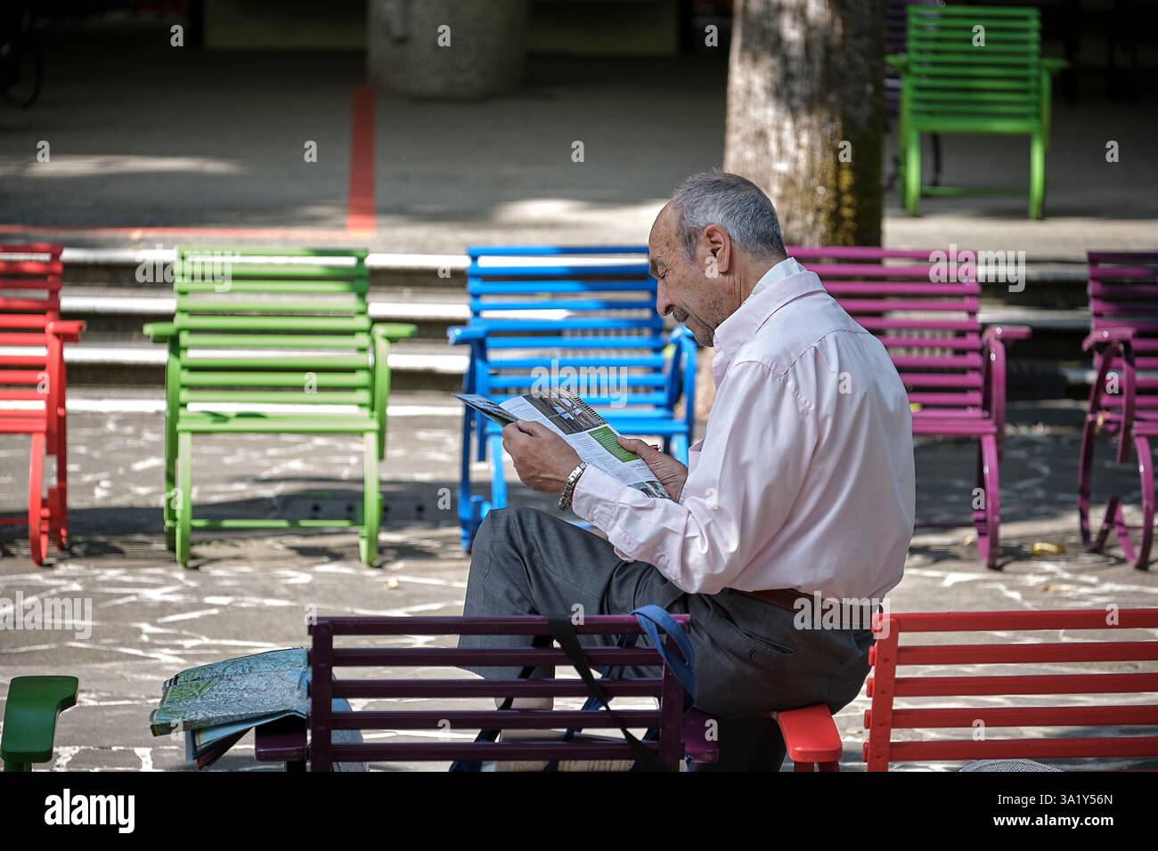 An elderly person enjoying a peaceful moment on a park bench, absorbed ...