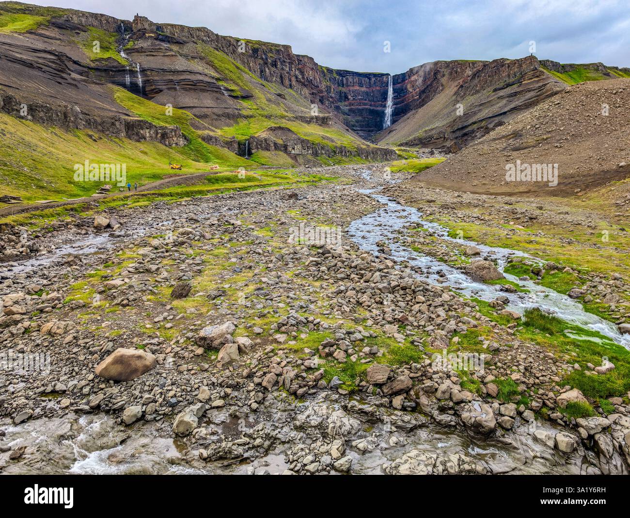 Aerial drone view of Hengifoss waterfall landscape in Iceland. Red ...
