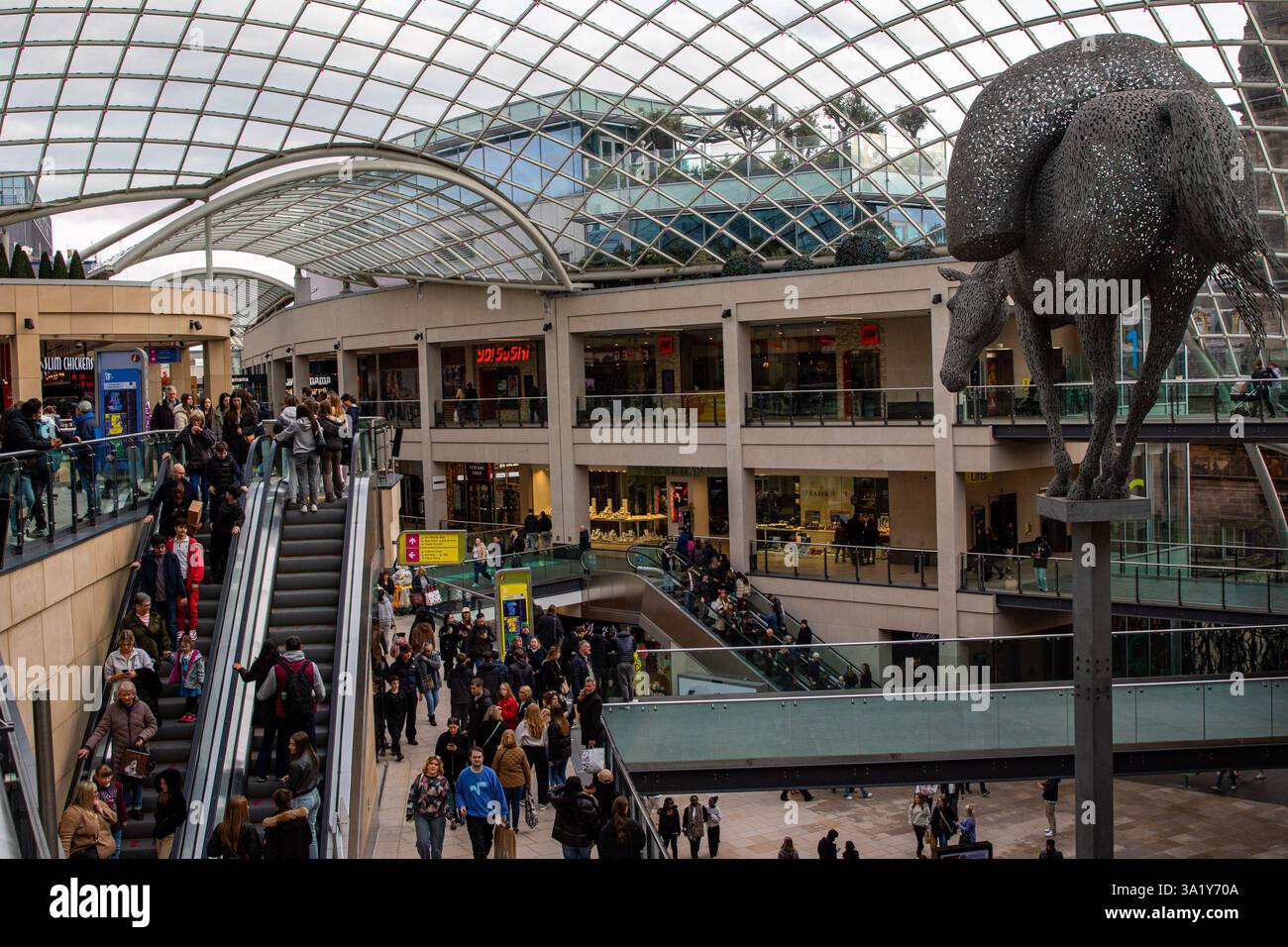 Interior view of a shopping center with people, escalators, shops, and ...