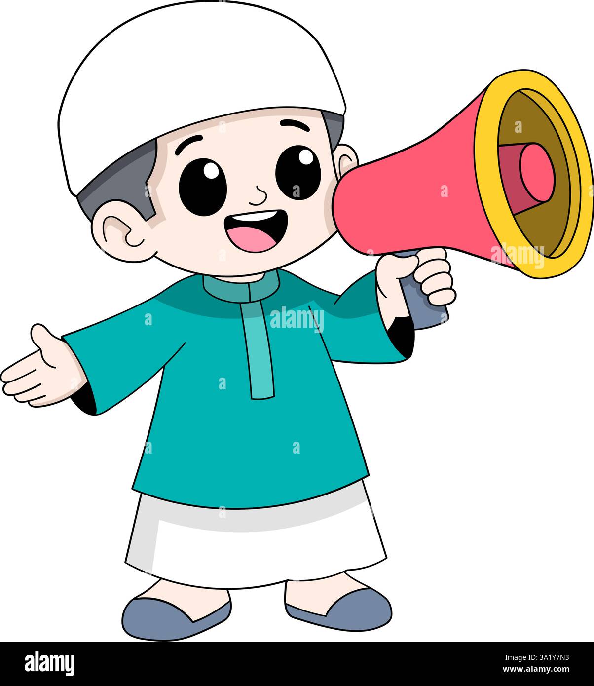 A cute cartoon style illustration of a cheerful Muslim boy wearing a ...
