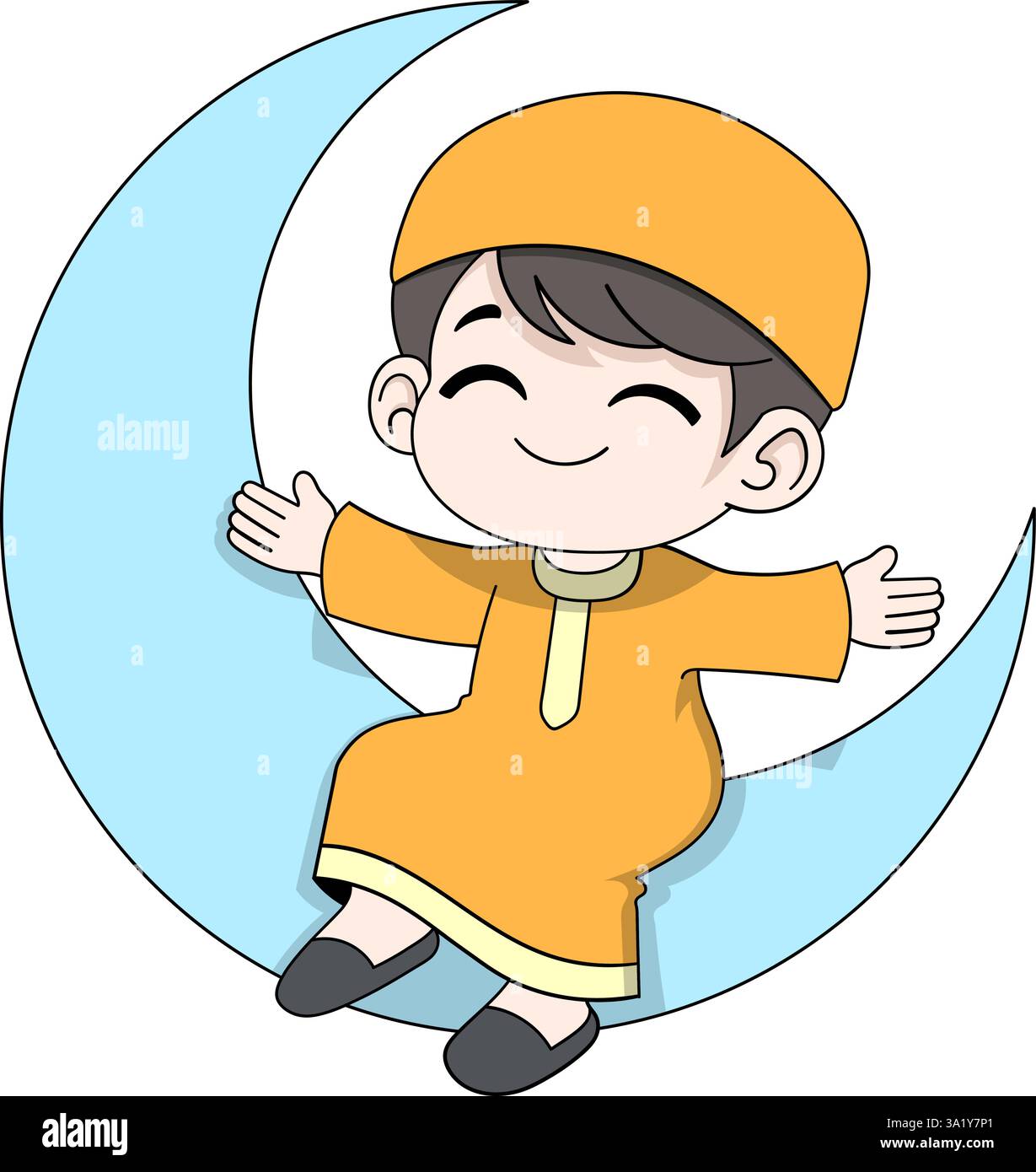 Happy Muslim Boy Sitting on Crescent Moon Celebrating Ramadan Stock ...